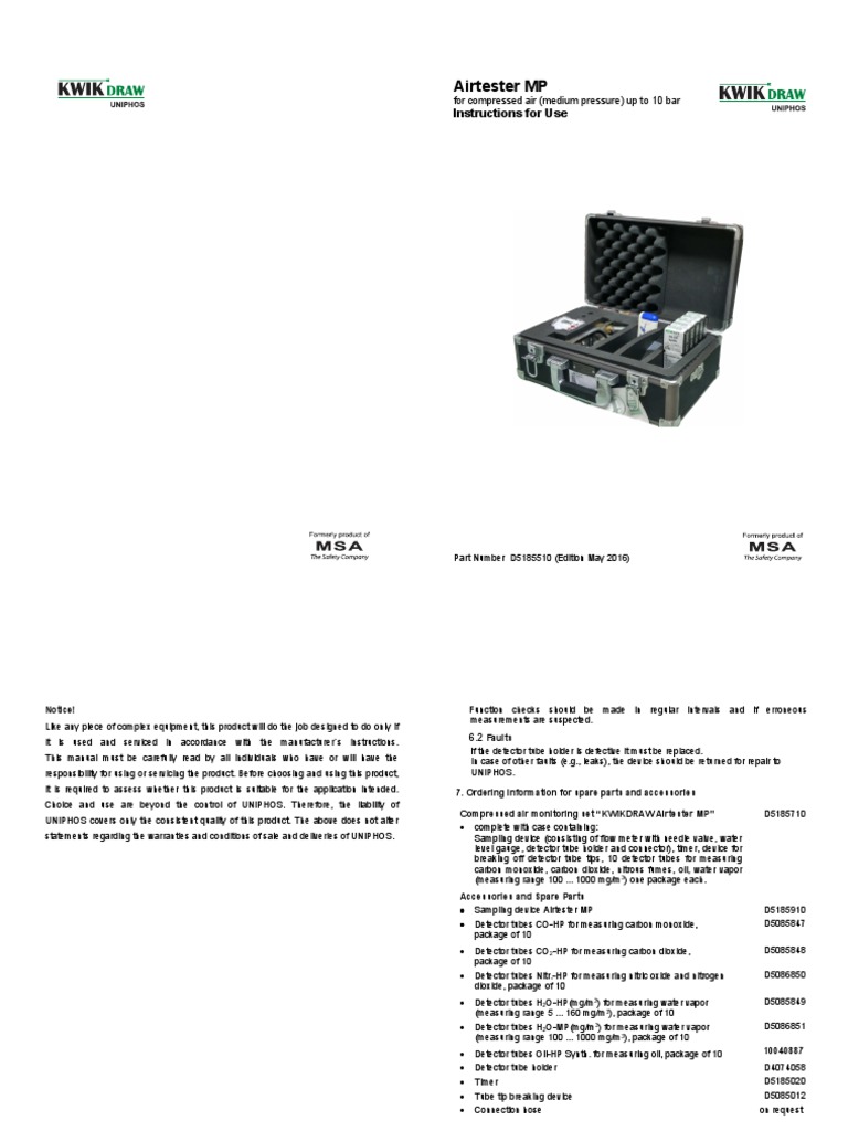 D5185510 Kwik-Draw (Ex-Msa) Air Tester MP (Medium Pressure) | PDF ...