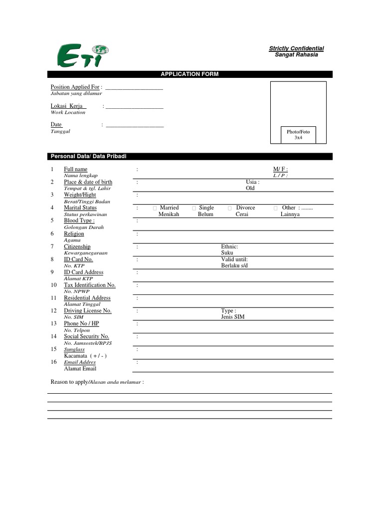 Form Data Diri Pelamar RDMP ETI - EL04 Rev02 2 | PDF