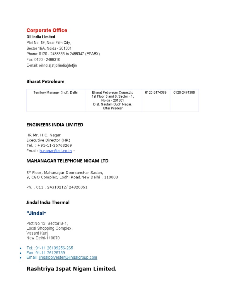 Corporate Office Contact Information | PDF