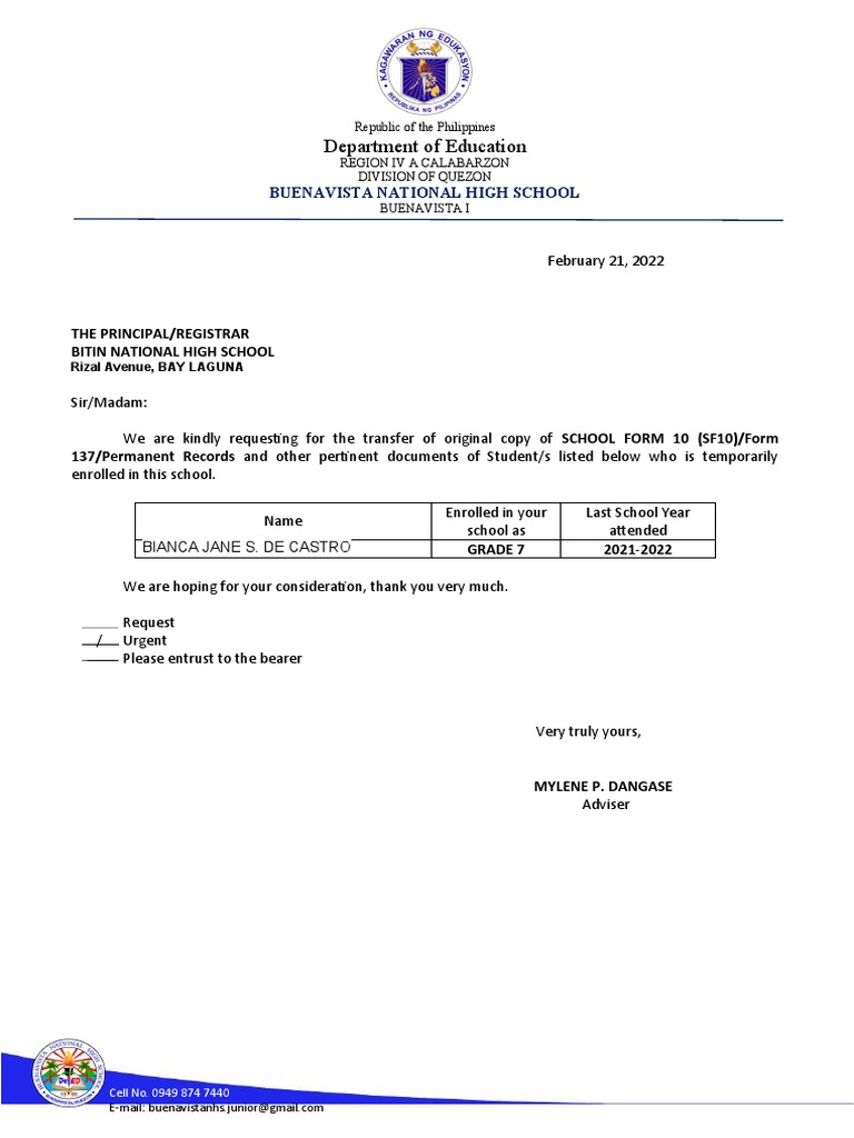 Request Form SF10 F137 2021 | PDF