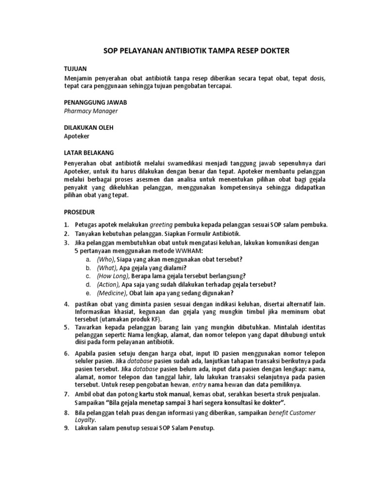 SOP PELAYANAN ANTIBIOTIK TAMPA RESEP DOKTER | PDF