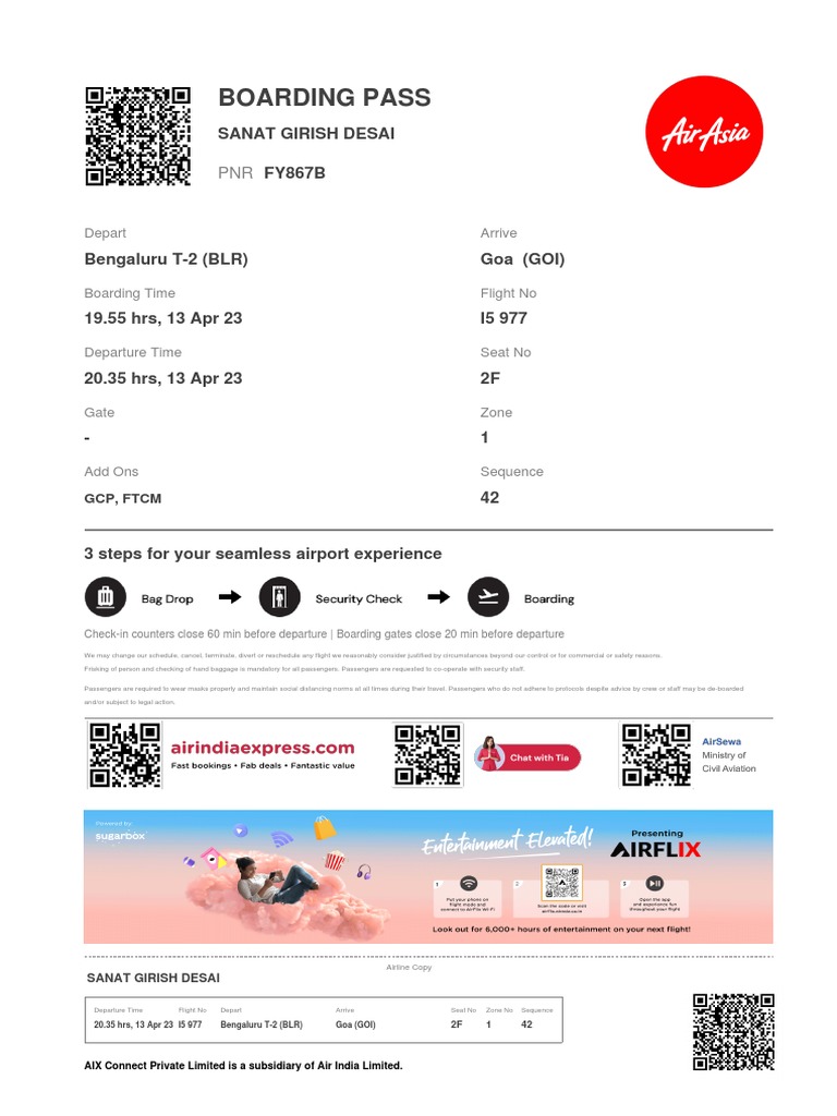 Boarding - Pass (BLR-GOI) MR Sanat Desai 13APR | PDF | Aviation | Transport