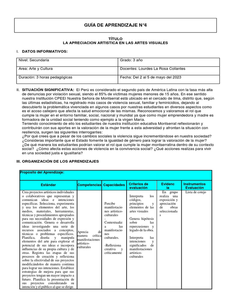 Guia de Aprendizaje N 4 Arte 3 Ano | PDF | Escultura | Pinturas