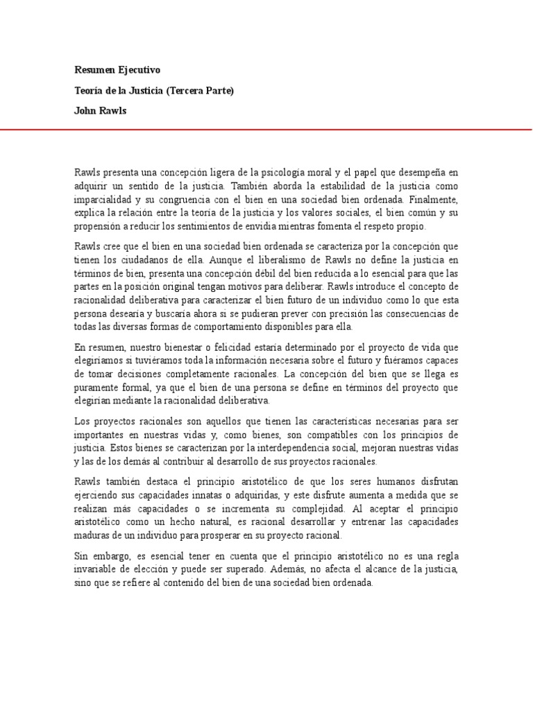 Rawls, J. Teoría de La Justicia Tercera Parte (Resumen Ejecutivo) | PDF | John Rawls | Justicia