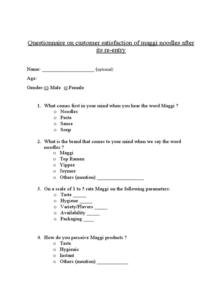 Questionnaire On Customer Satisfaction of Maggi Noodles After Its Re ...