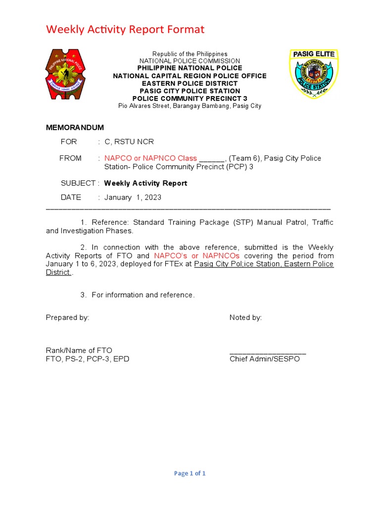 Weekly Activity Report Format NAPCO and NAPNCO | PDF