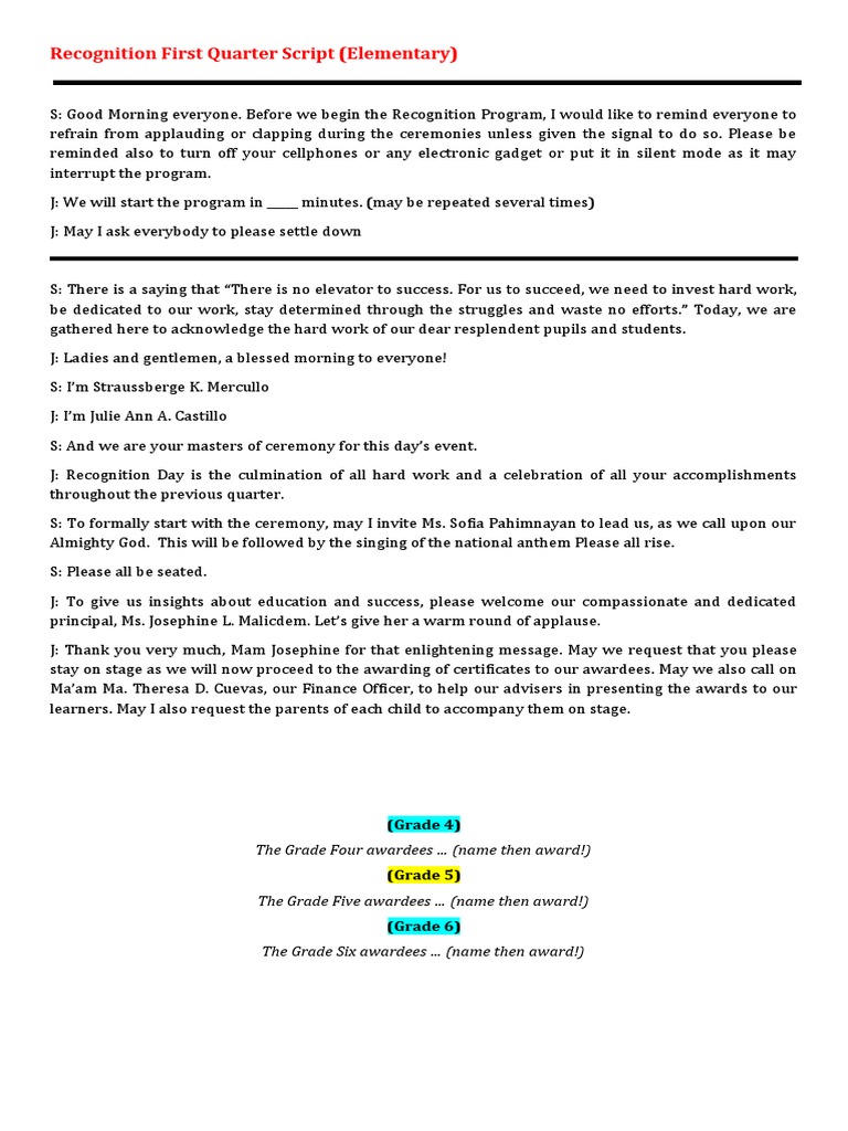 Recognition First Quarter Script (Elementary) | PDF