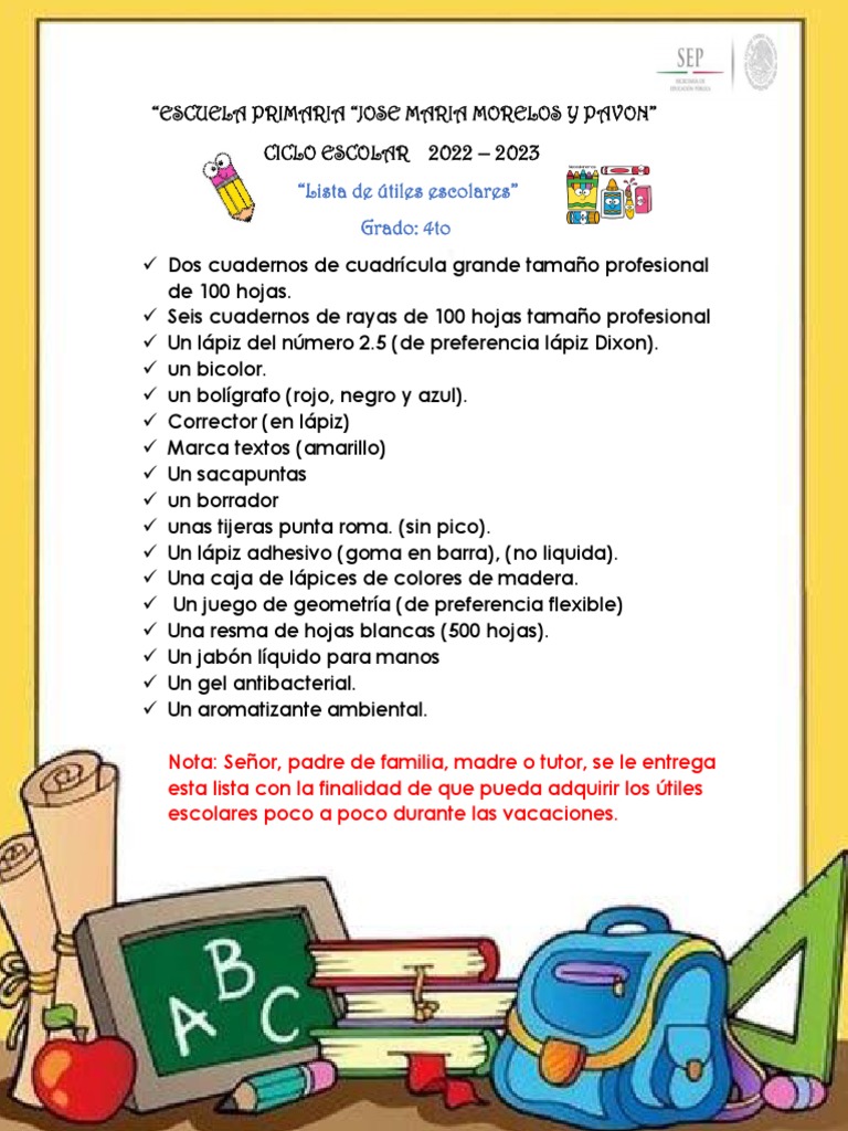 Lista de Útiles Escolares 4to Primariaa | PDF
