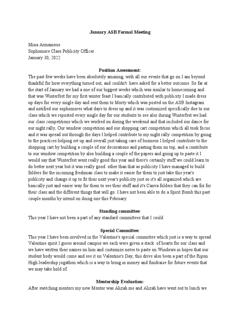 Mina Armanious - Formal Asb Report - January | PDF | Mentorship