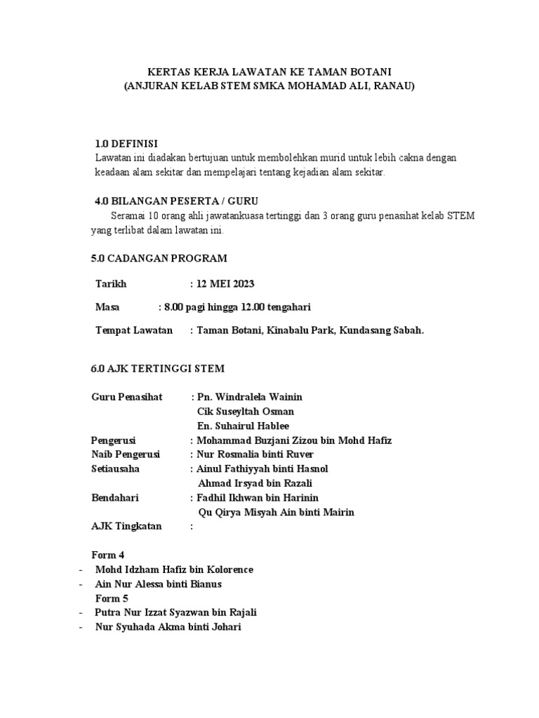 Kertas Kerja Lawatan Ke Taman Botani | PDF
