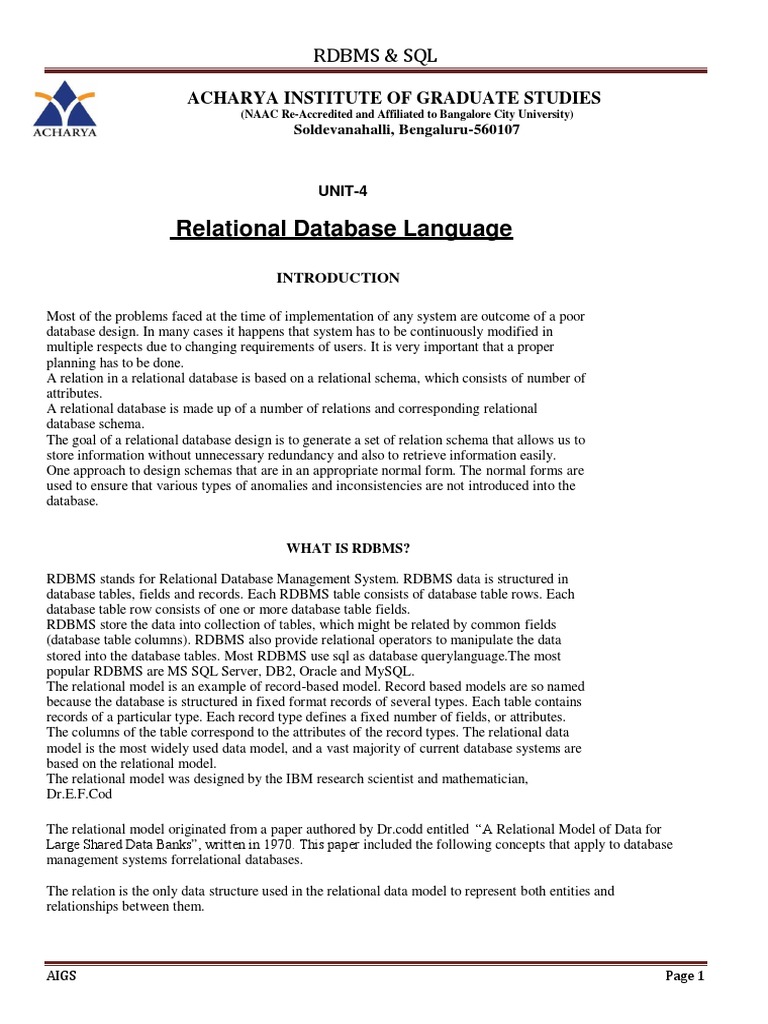 Unit 4 - Relational Database Language | PDF | Relational Database | Relational Model