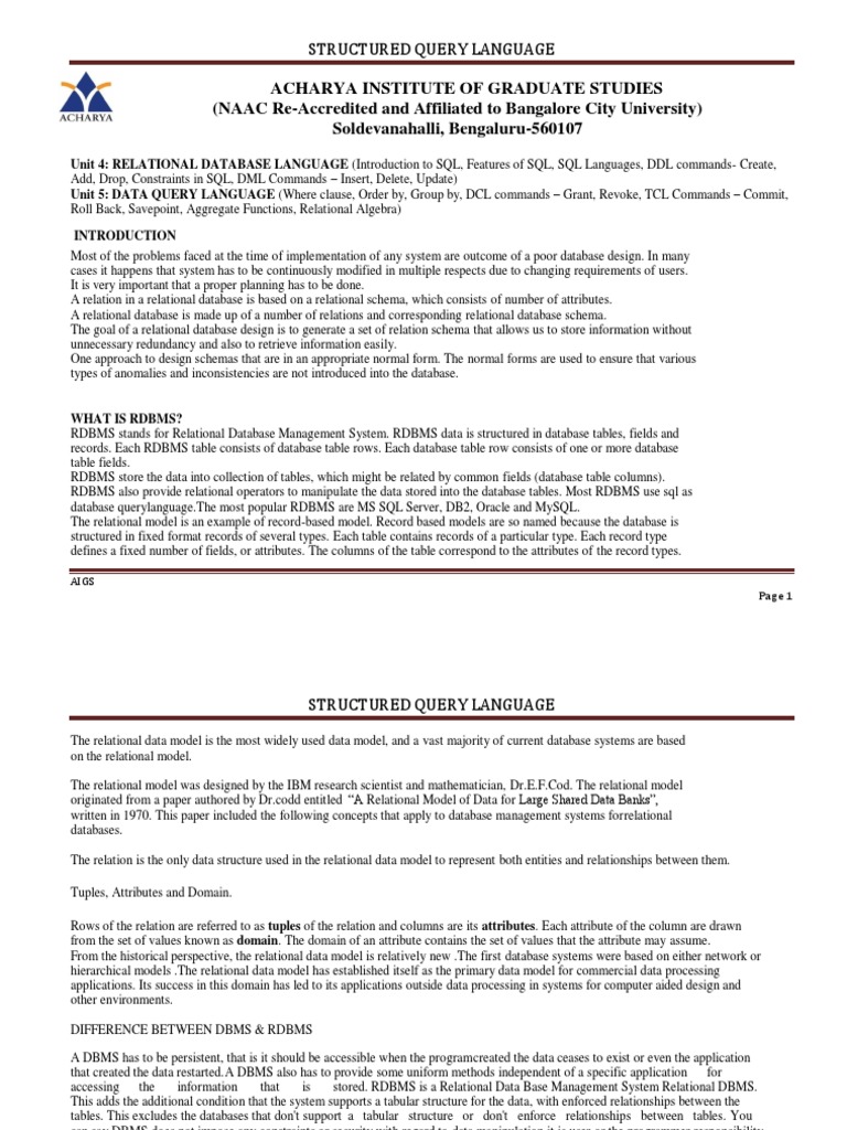 Unit 4 & 5 Notes - SQL | Download Free PDF | Relational Database ... Unit 4 & 5 Notes - SQL | Download Free PDF | Relational Database ...