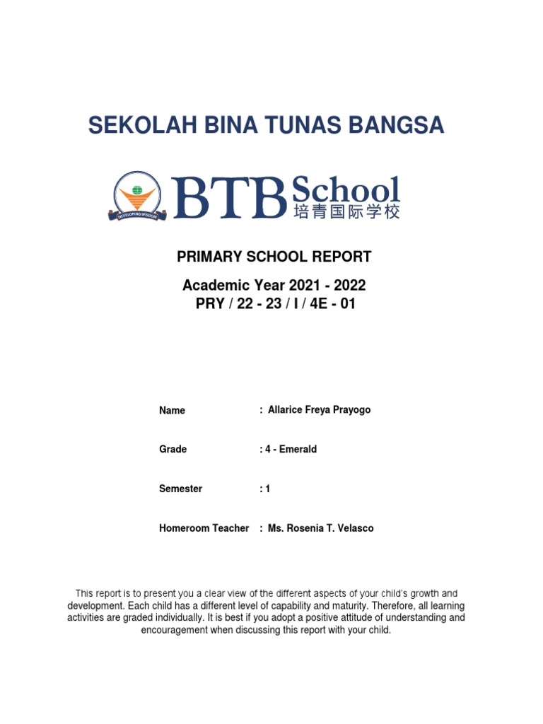 Sekolah Bina Tunas Bangsa: Primary School Report Academic Year 2021 ...