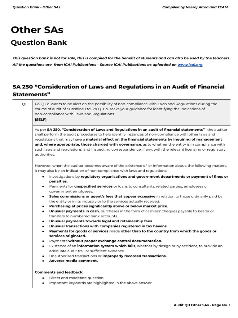 Other SAs Audit Question Bank New | PDF | Audit | Regulatory Compliance