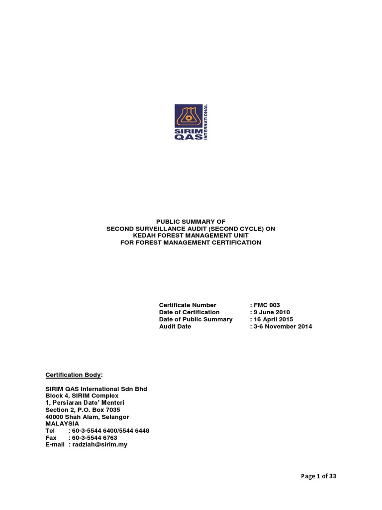 Kedah FMU Surveillance Audit Summary | PDF | Environmental Impact ...
