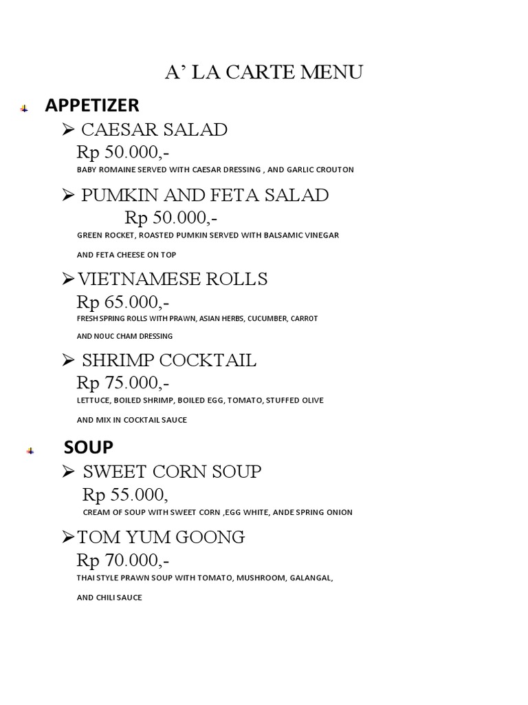 A'la Carte Menu | PDF | Hamburgers | Pizza