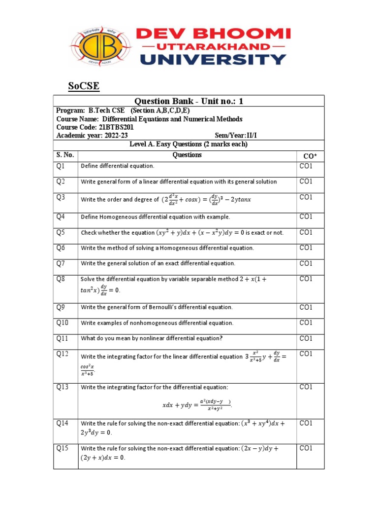 DENM-Question Bank Unit 1 | PDF | Differential Equations | Equations