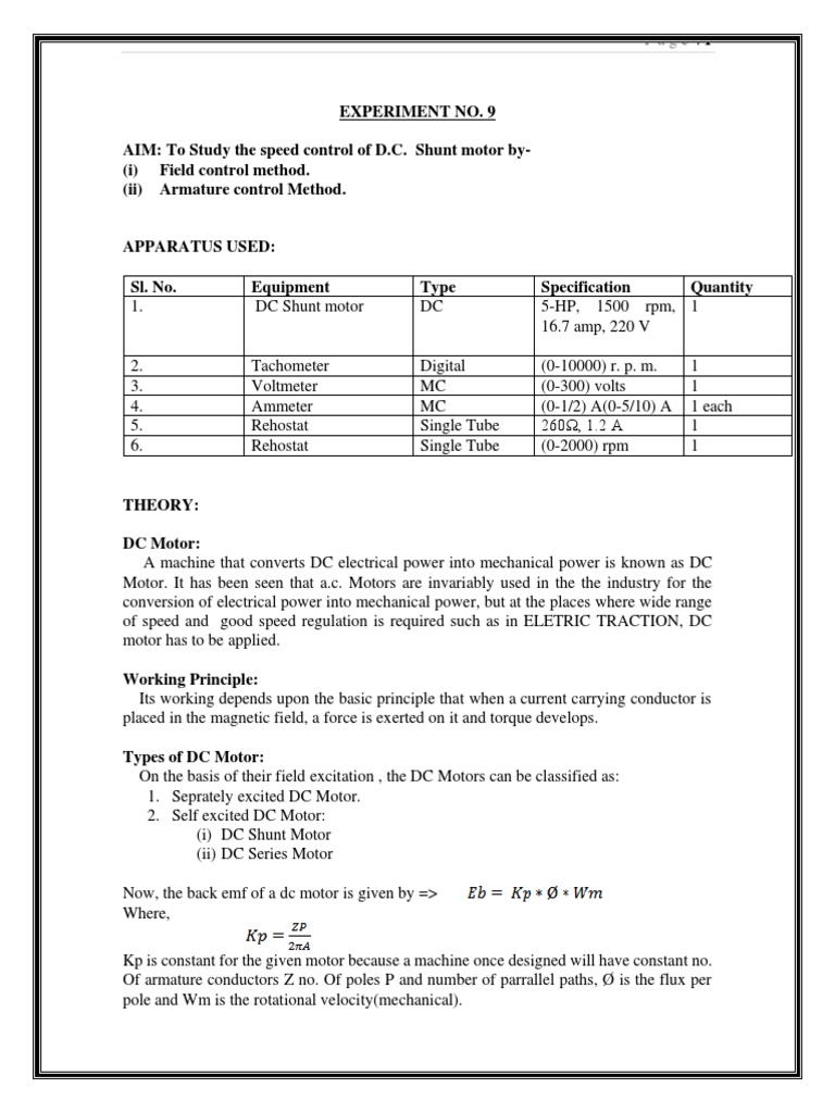 9 Speed Control of DC Shunt Motor | PDF | Electric Motor | Materials Science