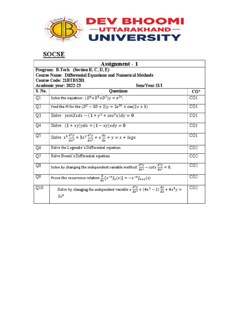 Solving Various Types of Differential Equations: Assignment Questions for Differential Equations ...
