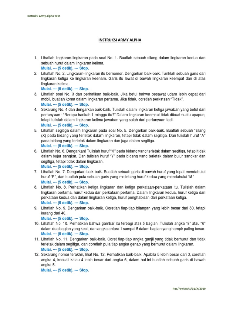 Army Alpha - Instruksi | PDF | Metode & Bahan Ajar | Griya & Taman