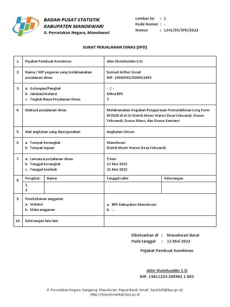 SPD Perjalanan Dinas BPS Manokwari | PDF