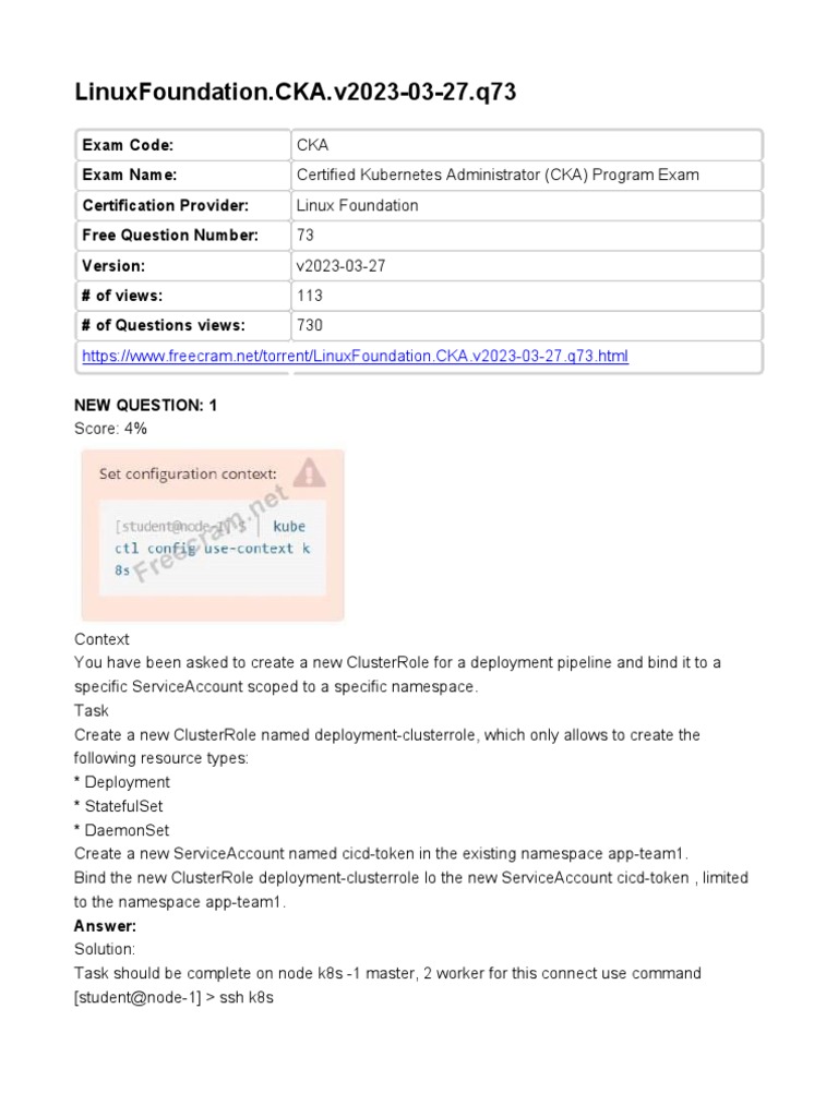 LinuxFoundation CKA v2023-03-27 q73 | PDF | Information Technology Management | Data Management