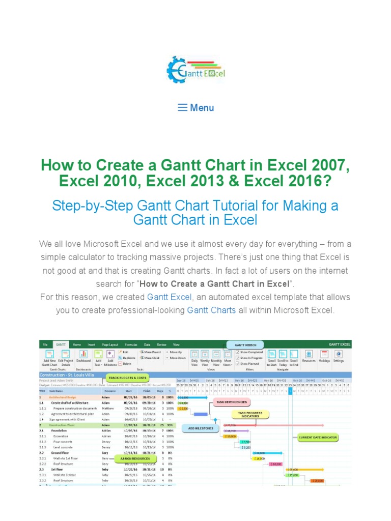 How To Create A Gantt Chart in Excel 2007, Excel 2010, Excel 20 | Download Free PDF | Microsoft ...