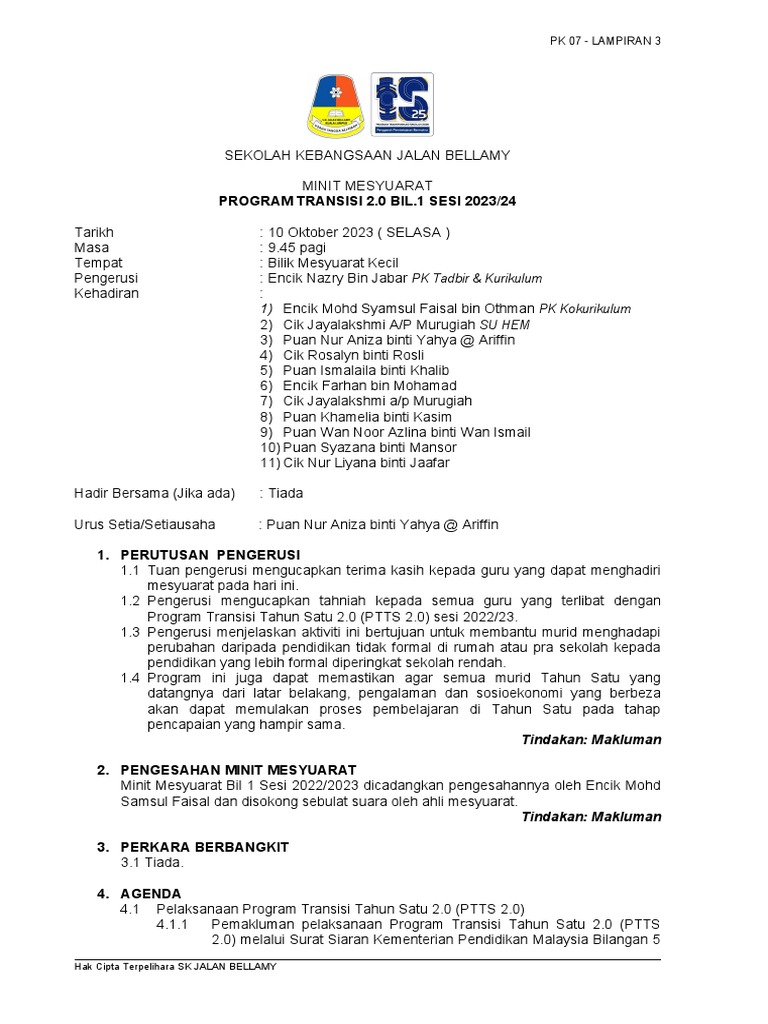 MINIT MESYUARAT PROGRAM TRANSISI TAHUN 1 BIL 1 2023/2024 | PDF