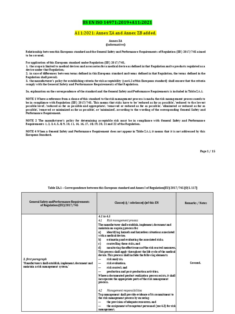 A11:2021: Annex ZA and Annex ZB Added.: BS EN ISO 14971:2019+A11:2021 | PDF | Risk Management | Risk