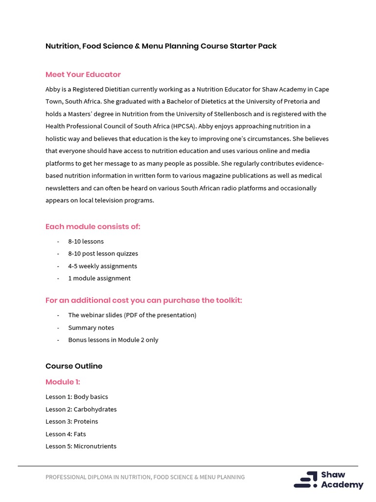 Online Nutrition & Menu Planning Course | PDF | Dietitian | Vegetables