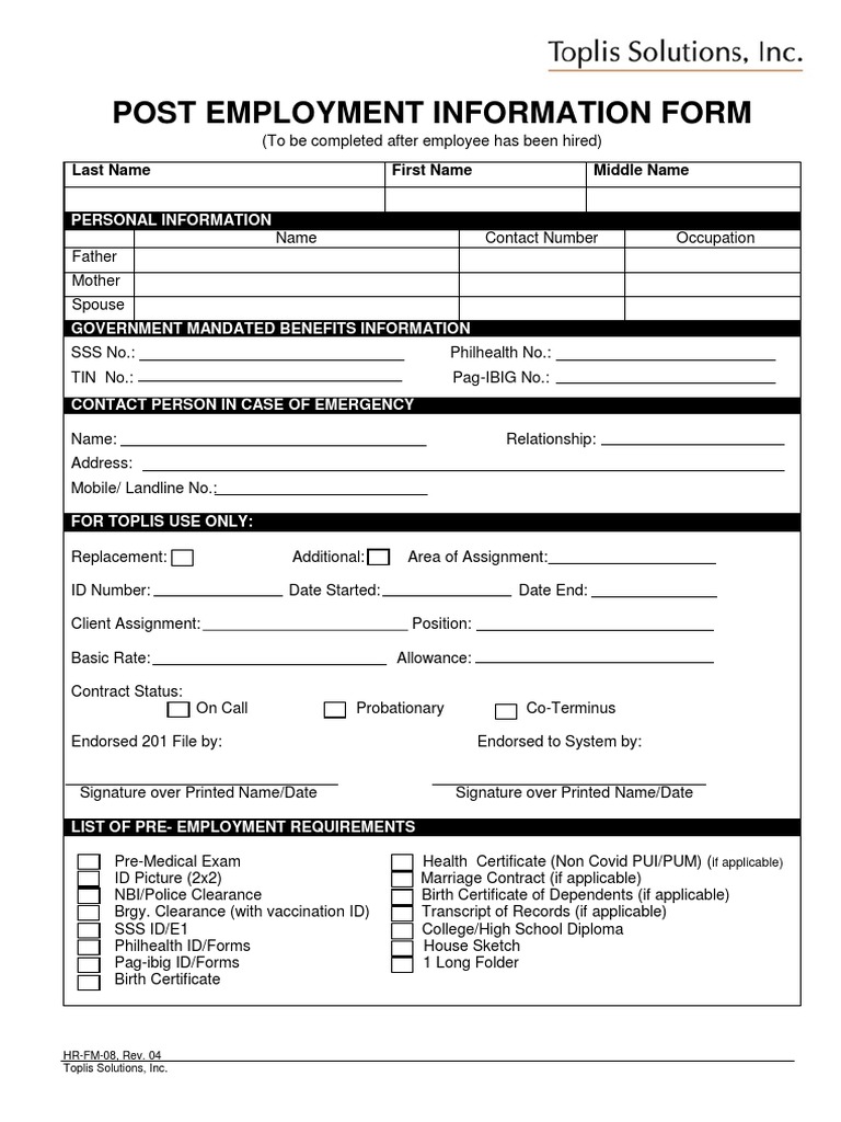 HR-FM-08, Rev. 04 Post Employment Information Form | PDF