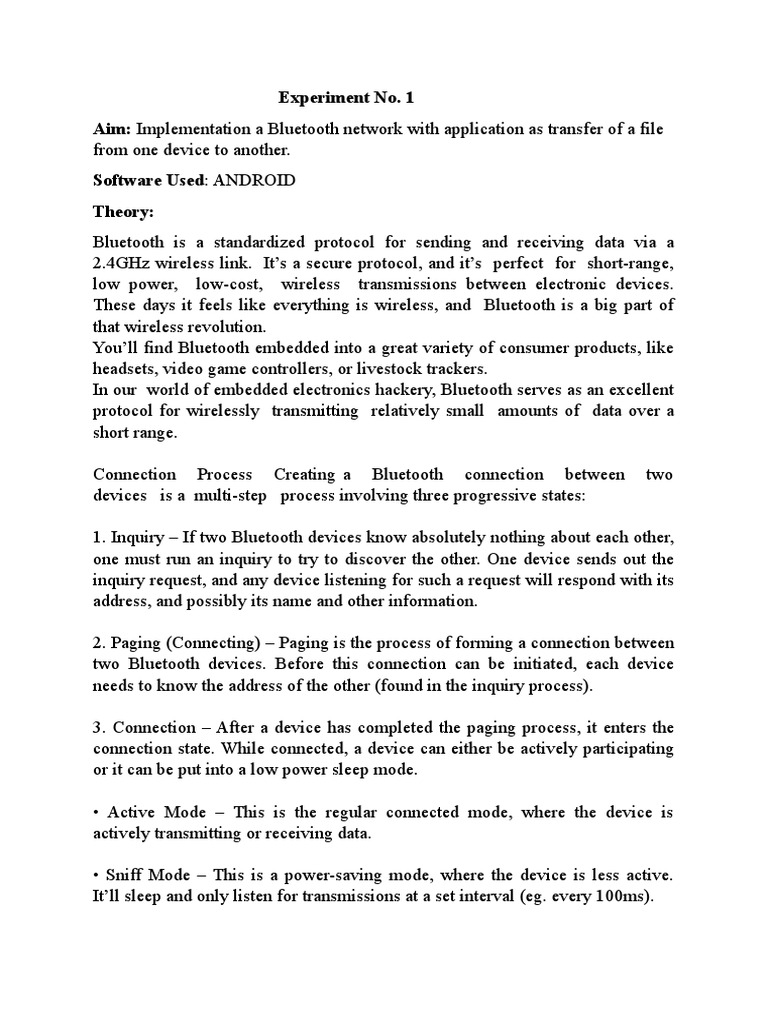 Experiment No. 1 Aim: Implementation A Bluetooth Network With Application As Transfer of A File ...