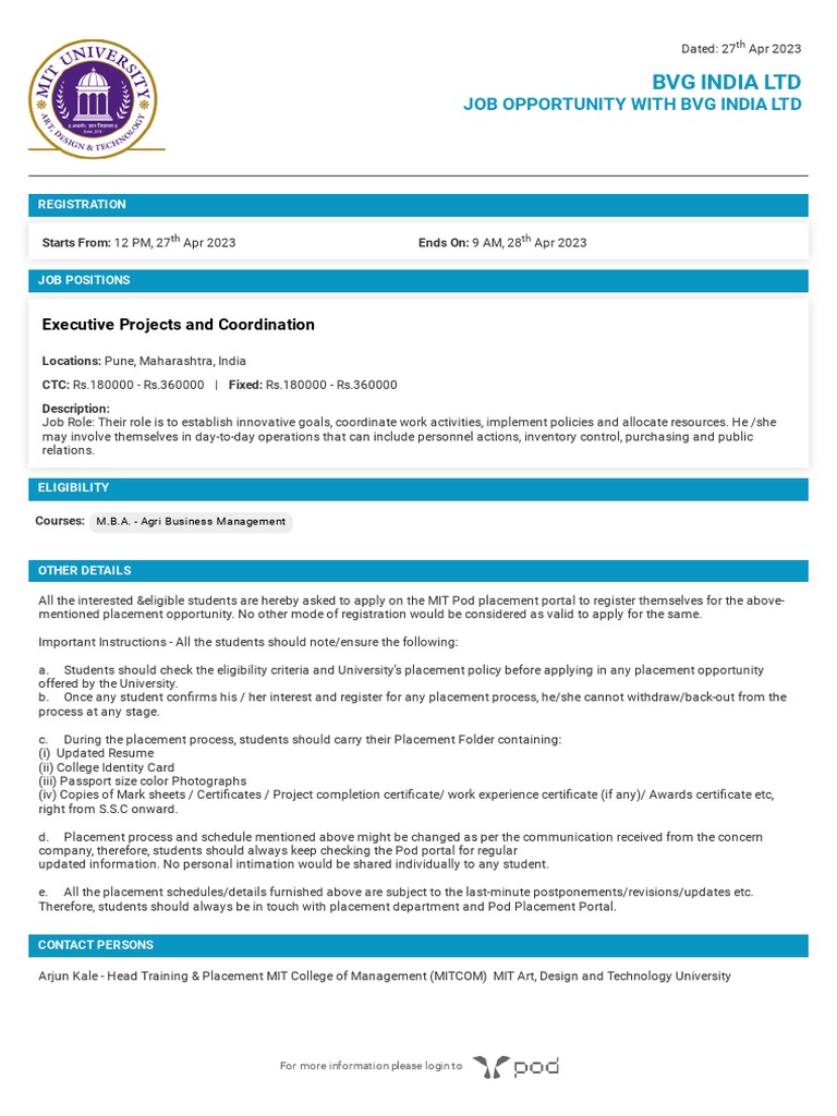 Job Opportunity With BVG India LTD | PDF