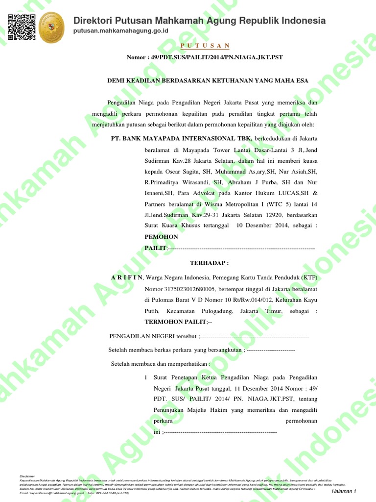Putusan 49 PDT - Sus Pailit 2014 PN - Niaga.jkt - PST 20230502131759 | PDF