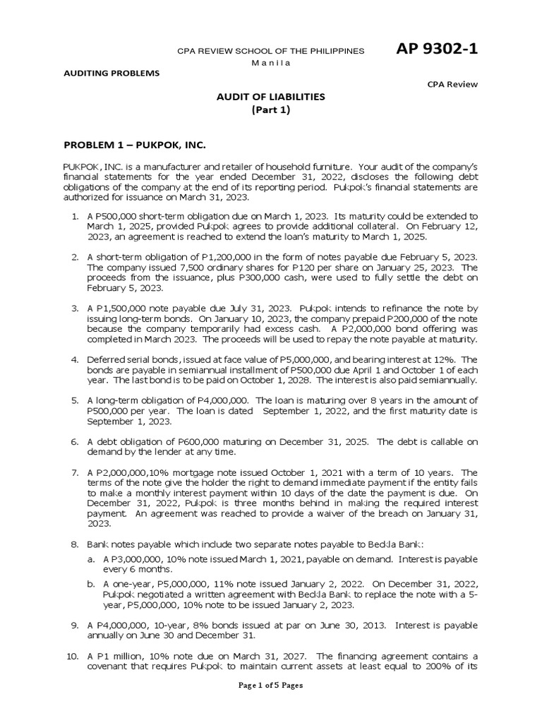 Auditing Problems Test Banks Liabilities Part 1 Pdf Accounts Payable Bonds Finance