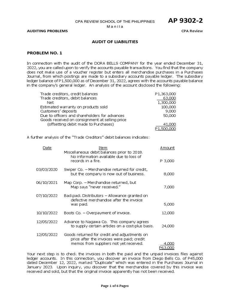 Audit of Liabilities Test Bank | PDF | Accounts Payable | Debits And ...