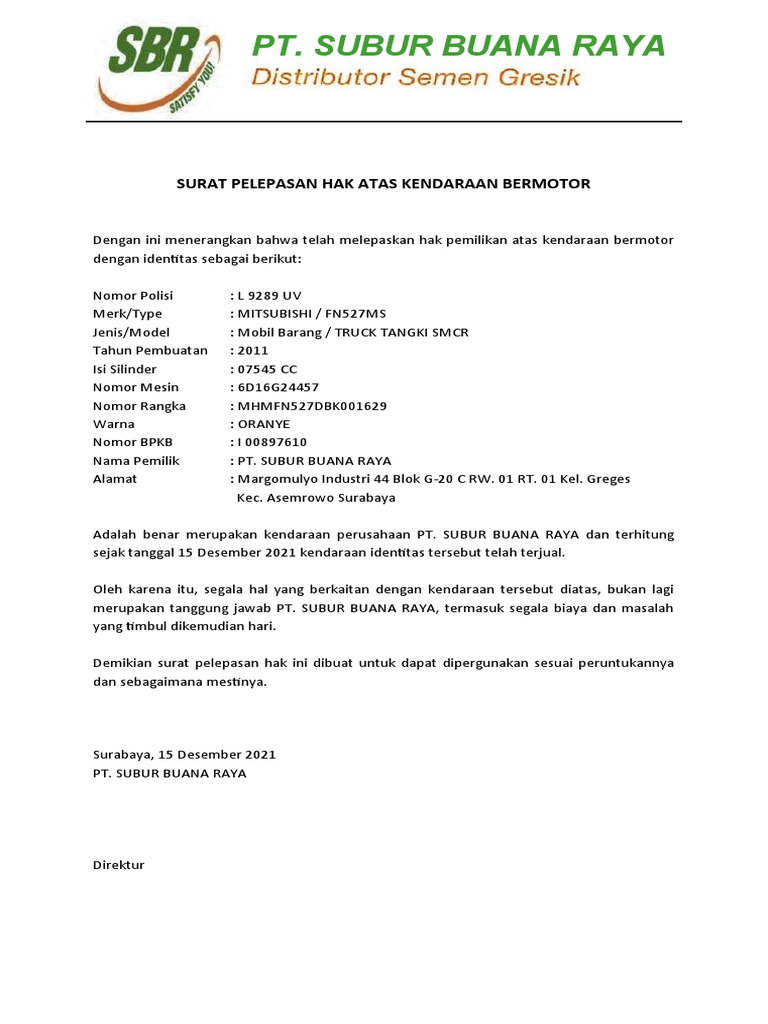 Surat Pelepasan Hak Atas Kendaraan Bermotor | PDF