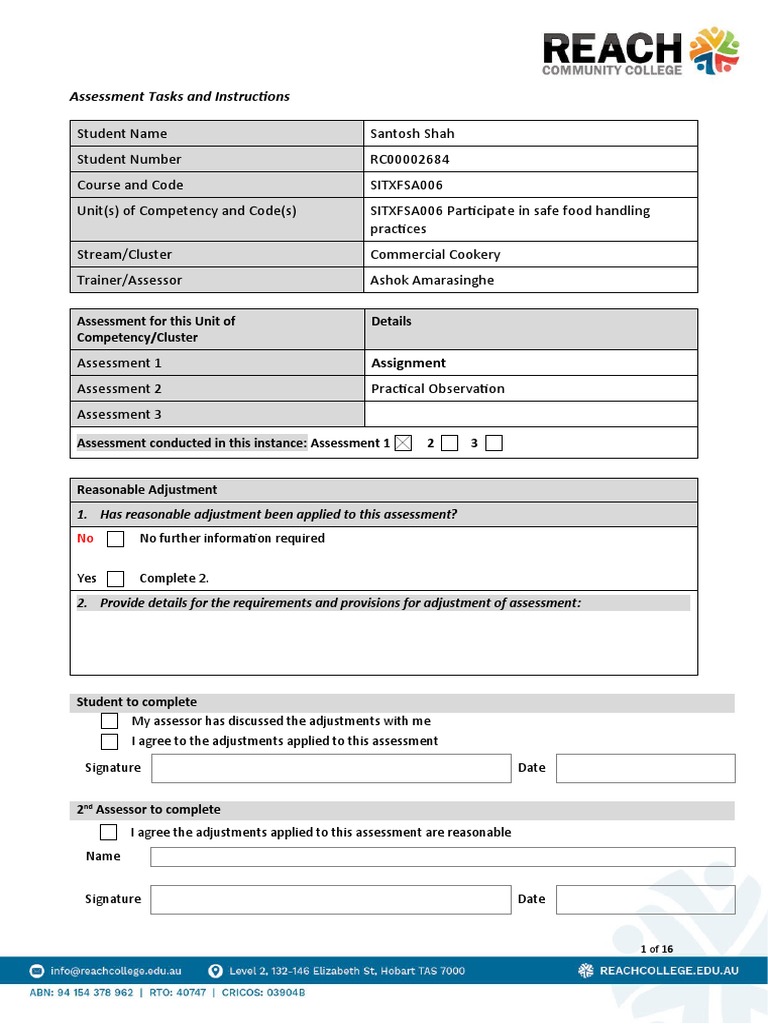 Reach - SITXFSA006 Assessment 1 - Assignment | PDF