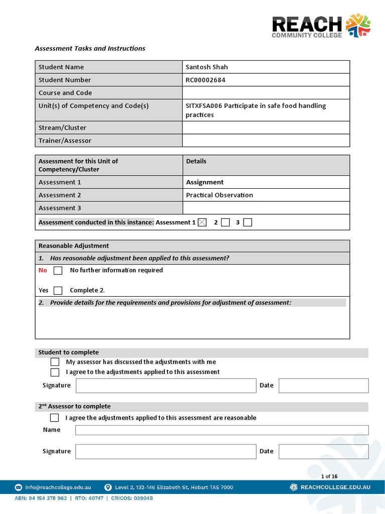 Reach - SITXFSA006 Assessment 1 - Assignment | PDF | Food Safety ... Reach - SITXFSA006 Assessment 1 - Assignment | PDF | Food Safety ...
