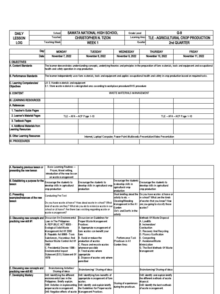 Daily Lesson LOG Sawata National High School G-9 Christopher N. Tizon ...