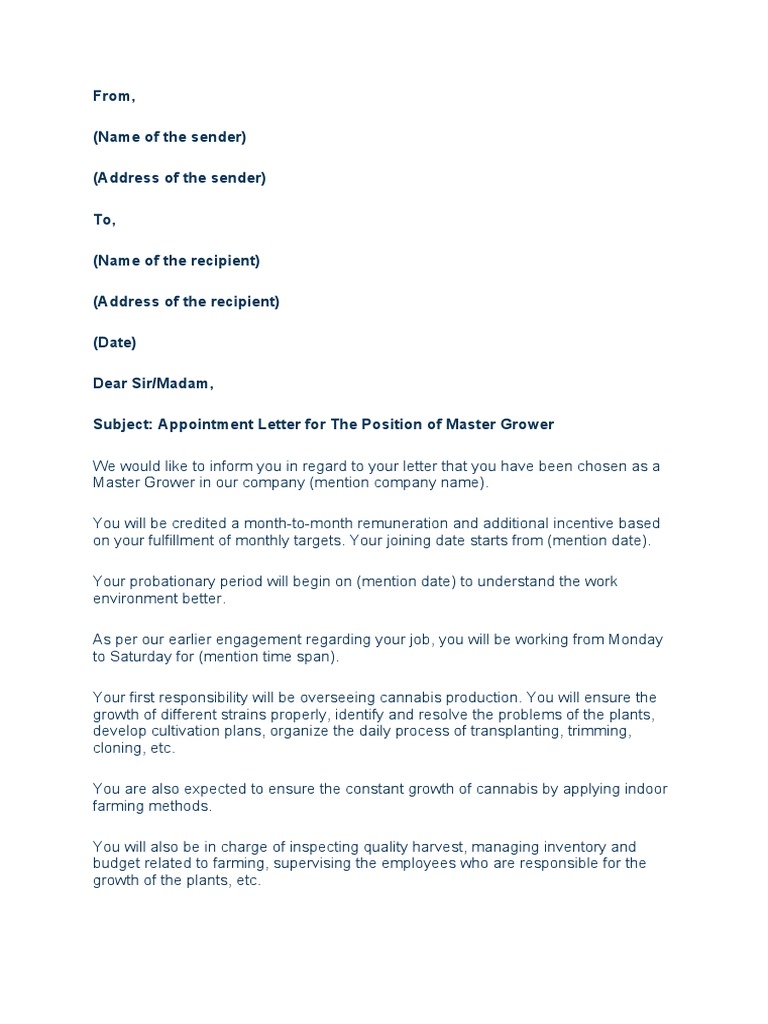 Master Grower Appointment Letter Template - 1 | PDF