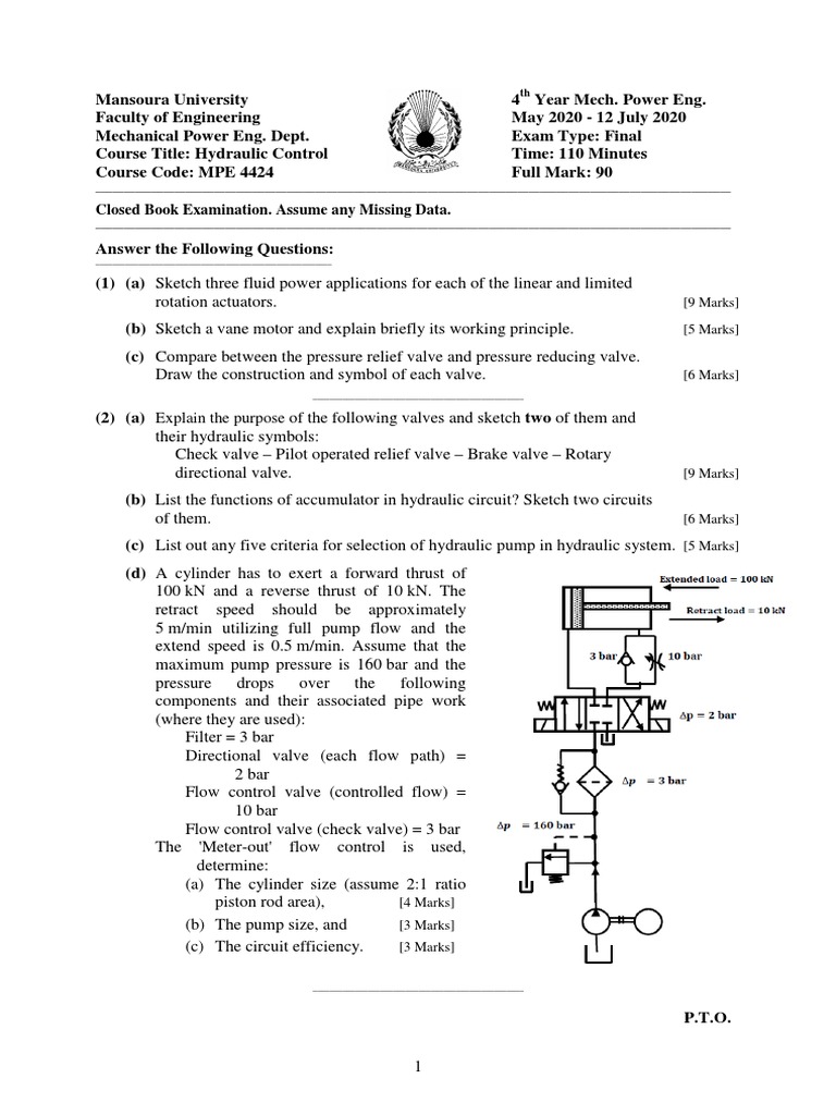 Hydraulic Control - Exam - 2020 - Written Exam | PDF | Pump | Valve