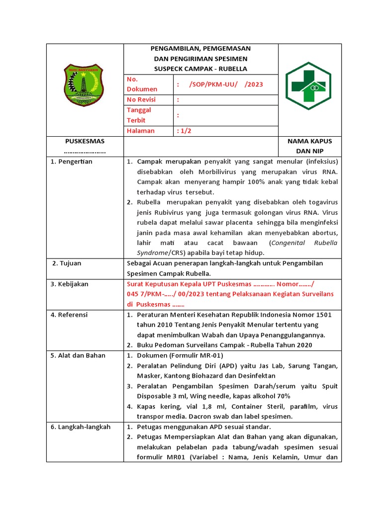 SOP Pengambilan, pengemasan dan pengiriman Spesimen Campak - Rubella | PDF