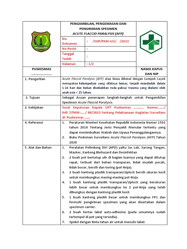 SOP Pengambilan, Pengemasan Dan Pengiriman Spesimen AFP | PDF