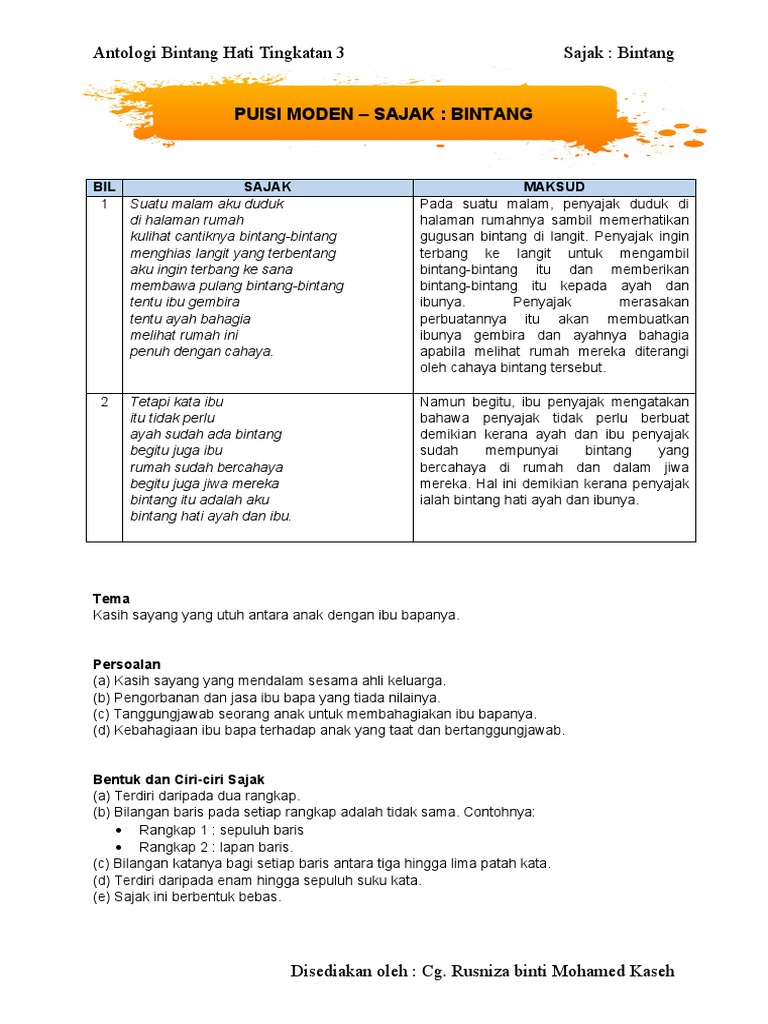 Sajak Bintang Hati Tingkatan 3 | PDF