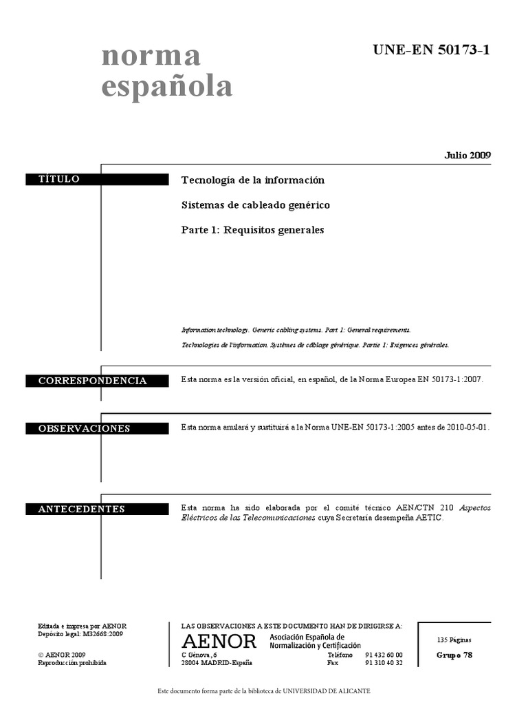 Une en 50173-1 2009 | PDF | Equipo | Electrónica