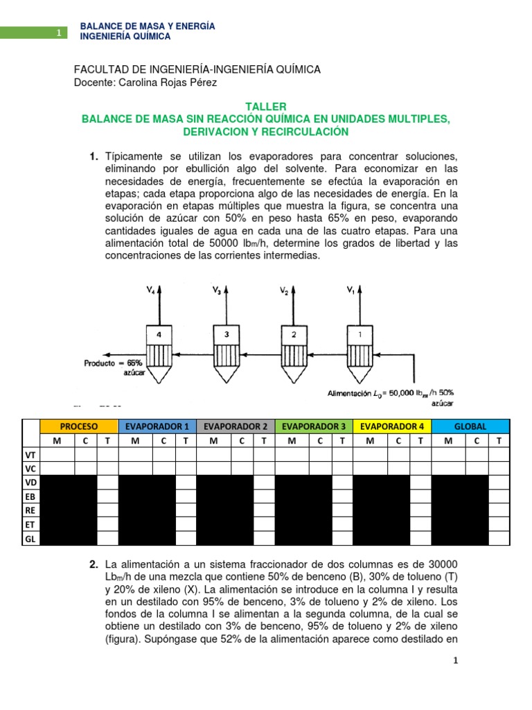 Taller Balance de Masa Sin Reacción Química en Unidades Multiples ...