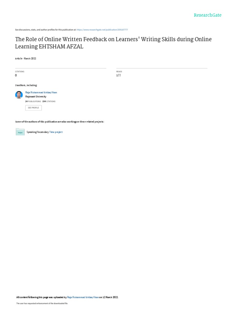 2022 Khan Et Al - The Role of Online Written Feedback On Learners ...