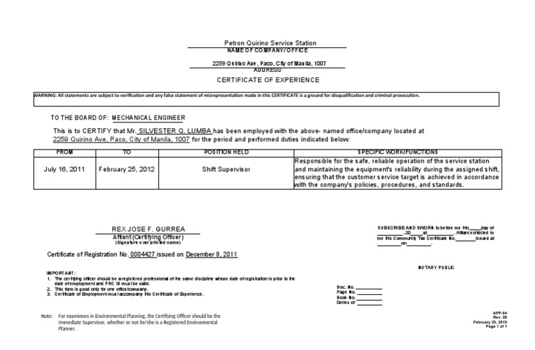 4certificateofexperience PETRON | PDF