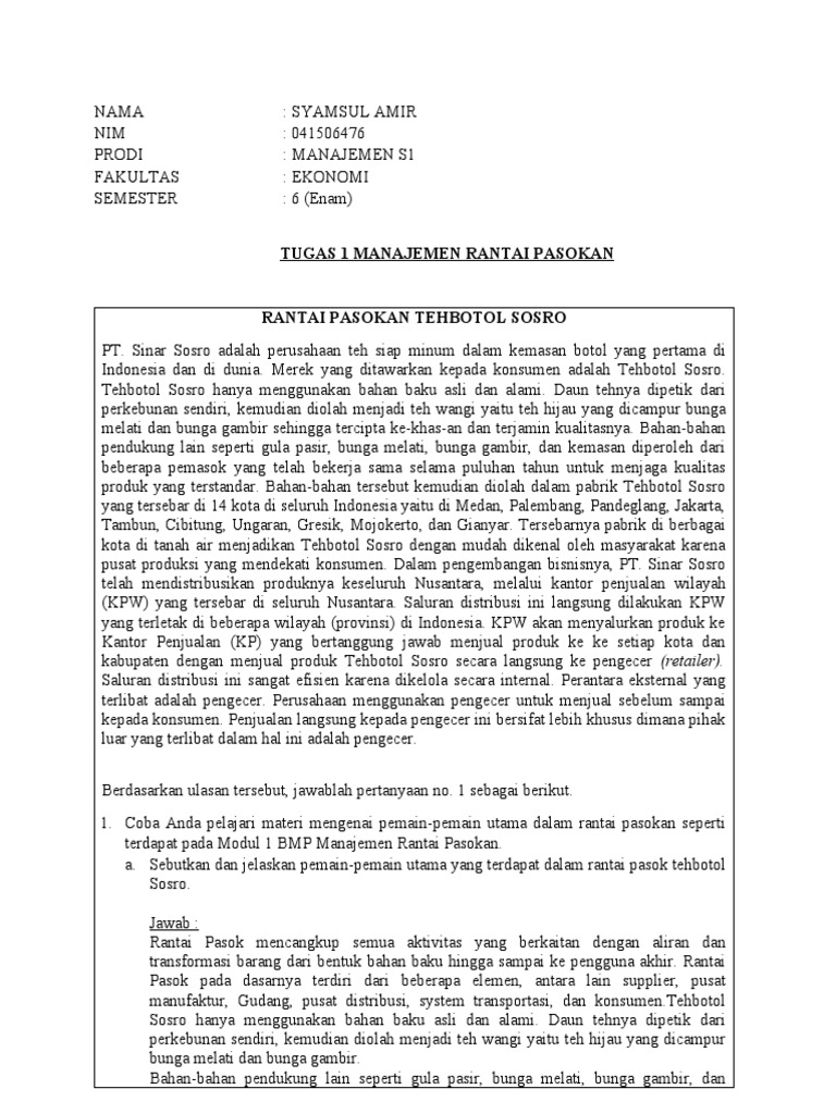 Tugas 1 Manajemen Rantai Pasokan 1 | PDF | Bisnis | Pengelolaan Keuangan & Uang